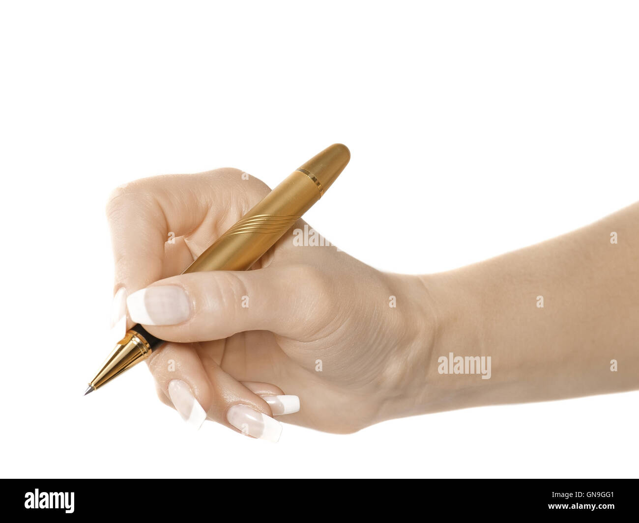 Woman hand hold pen on white isolated Stock Photo - Alamy