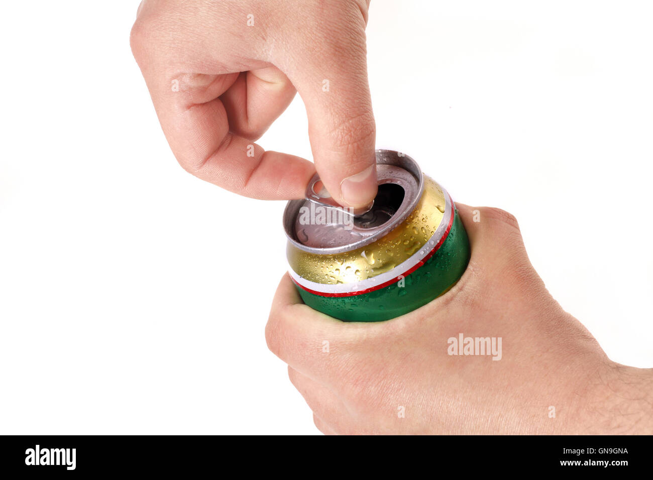Mans hand opening aluminum beer can Stock Photo - Alamy