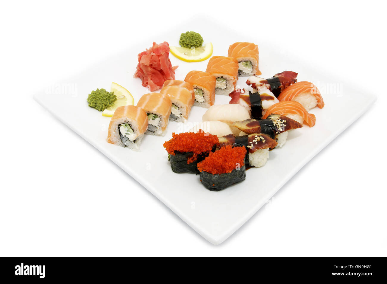 Fresh salmon sushi maki assortment Cut Out Stock Images & Pictures - Alamy