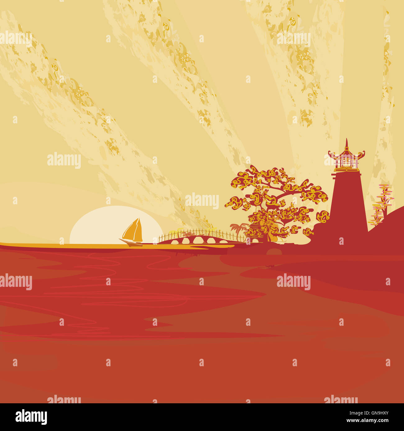 old paper with Asian Landscape Stock Photo - Alamy