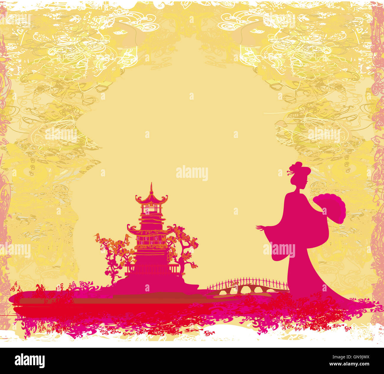 old paper with Asian Landscape Stock Photo - Alamy