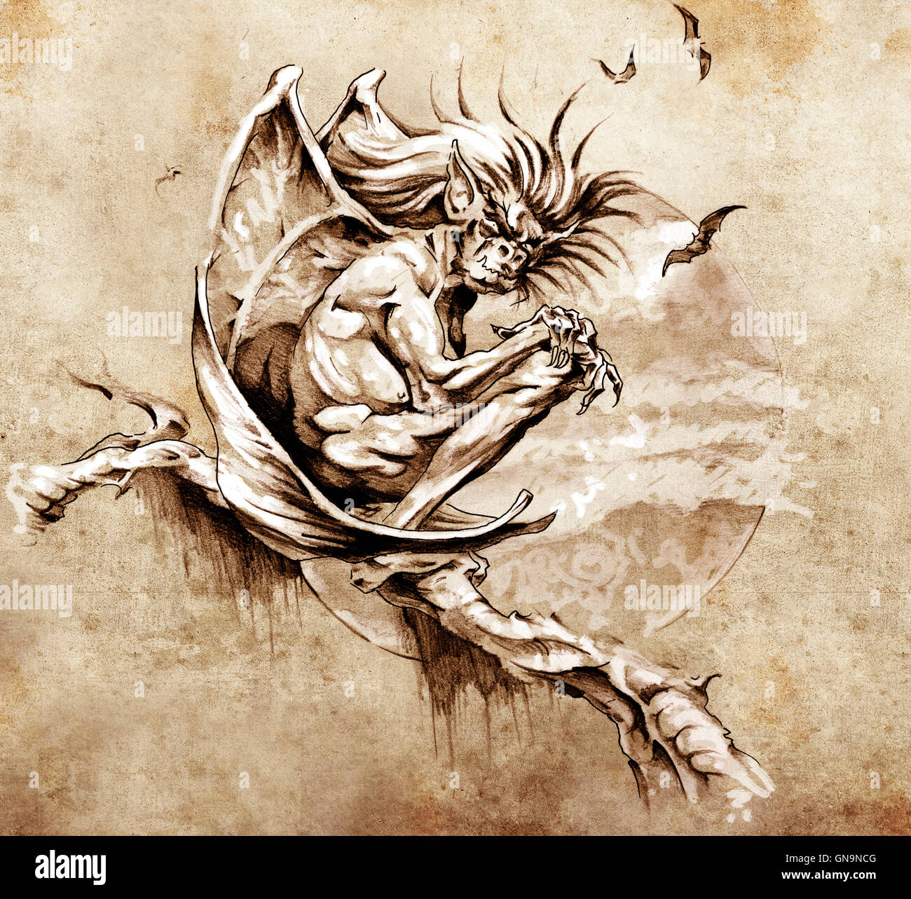Sketch of tattoo art, gargoyle monster sitting in a tree Stock Photo ...