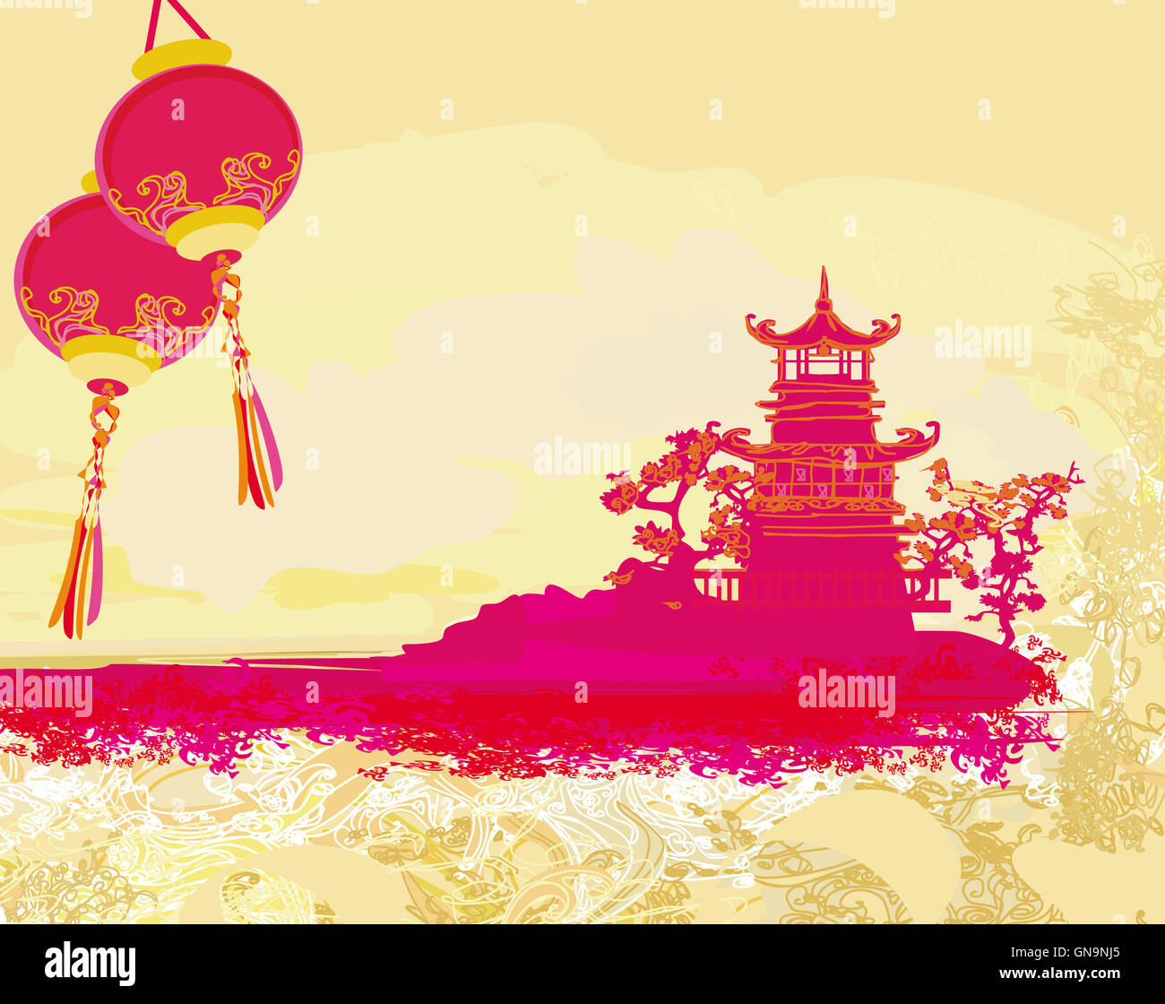 old paper with Asian Landscape and Chinese Lanterns - vintage japanese ...