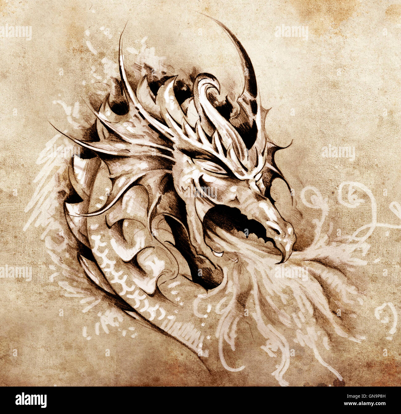 Sketch of tattoo art, anger dragon with white fire Stock Photo - Alamy