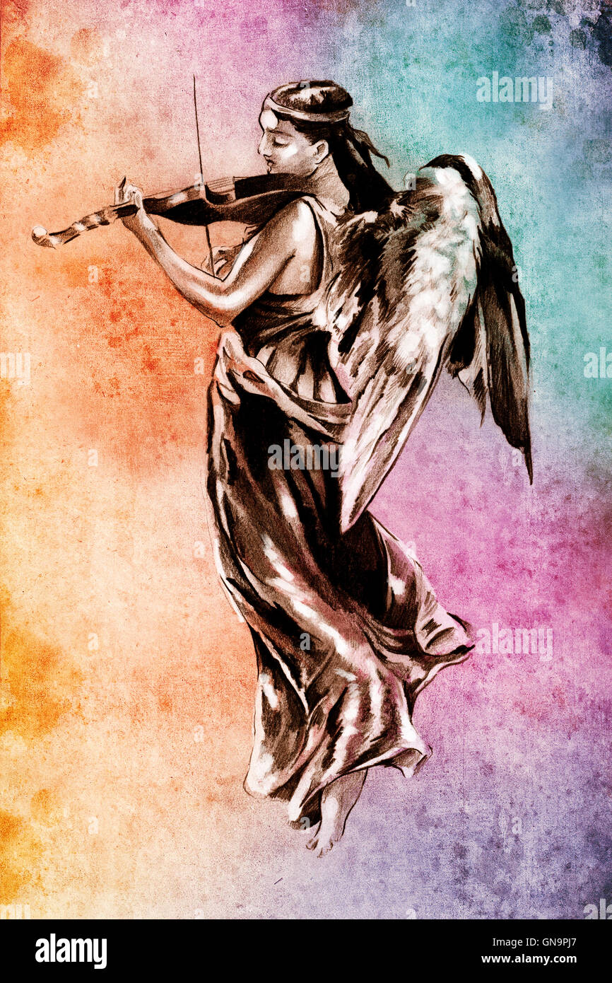 Sketch of tattoo art, angel with violin over colorful background Stock ...