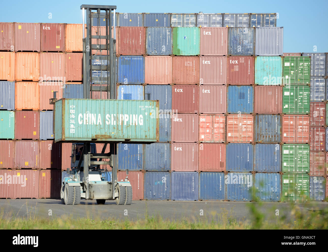 Containers standing in the trans-shipment station in Ulm, Germany, 25 ...