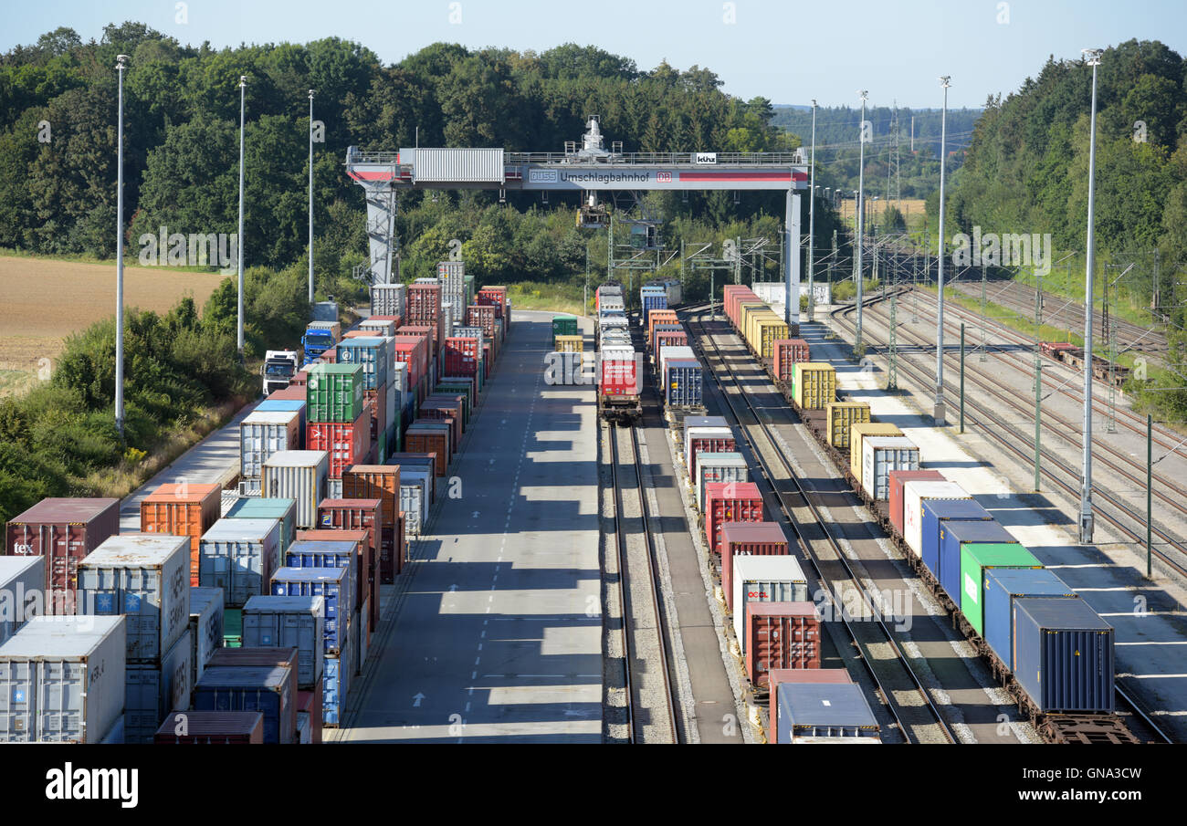 Containers standing in the trans-shipment station in Ulm, Germany, 25 ...