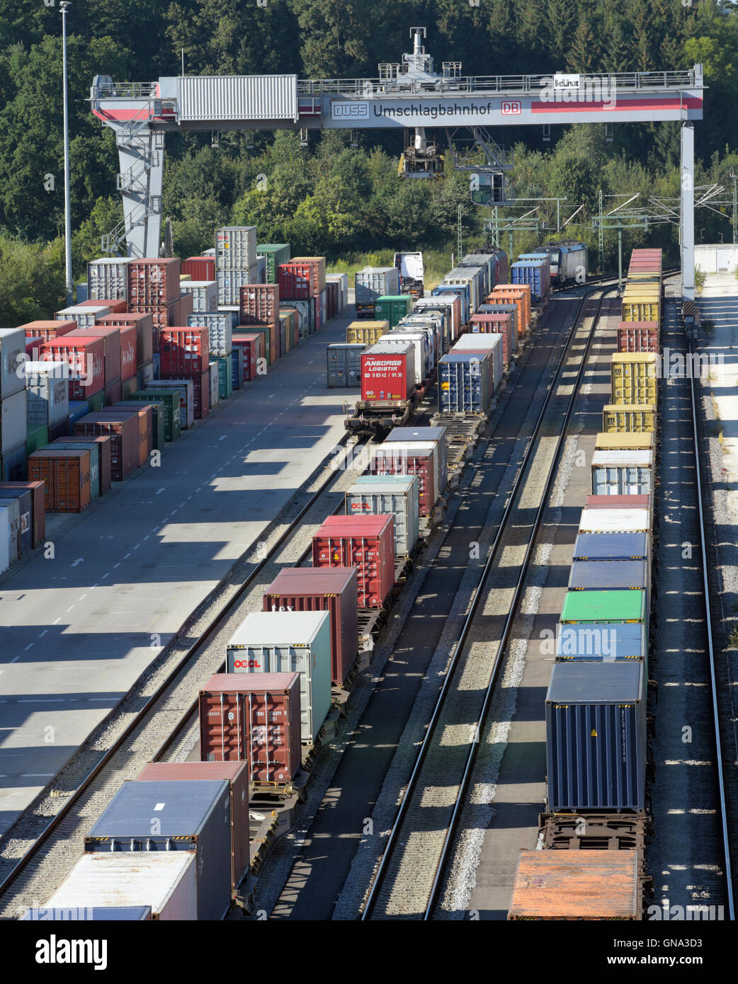 Containers standing in the trans-shipment station in Ulm, Germany, 25 ...