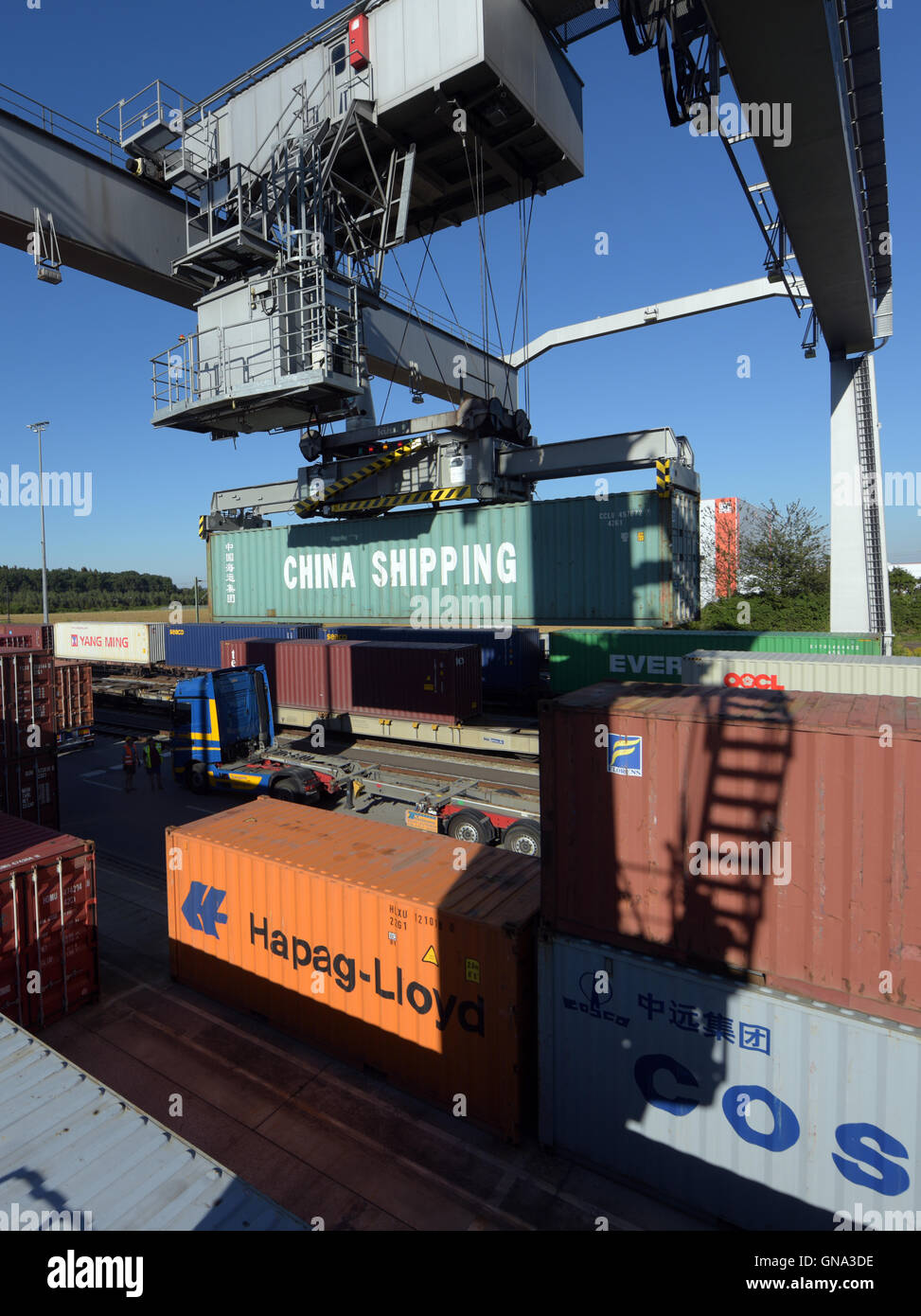 Containers standing in the trans-shipment station in Ulm, Germany, 25 ...