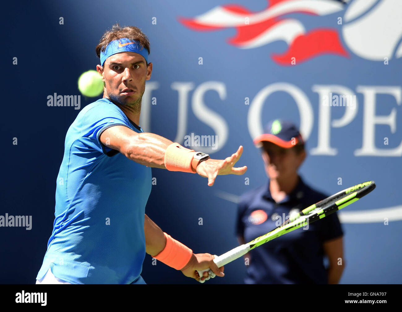 New York, USA. 29th Aug, 2016. Rafael Nadal of Spain returns a shot ...