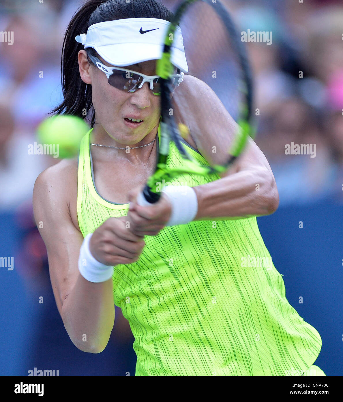 New York, USA. 29th Aug, 2016. Zheng Saisai of China returns a shot to Monica Puig of Puerto ...