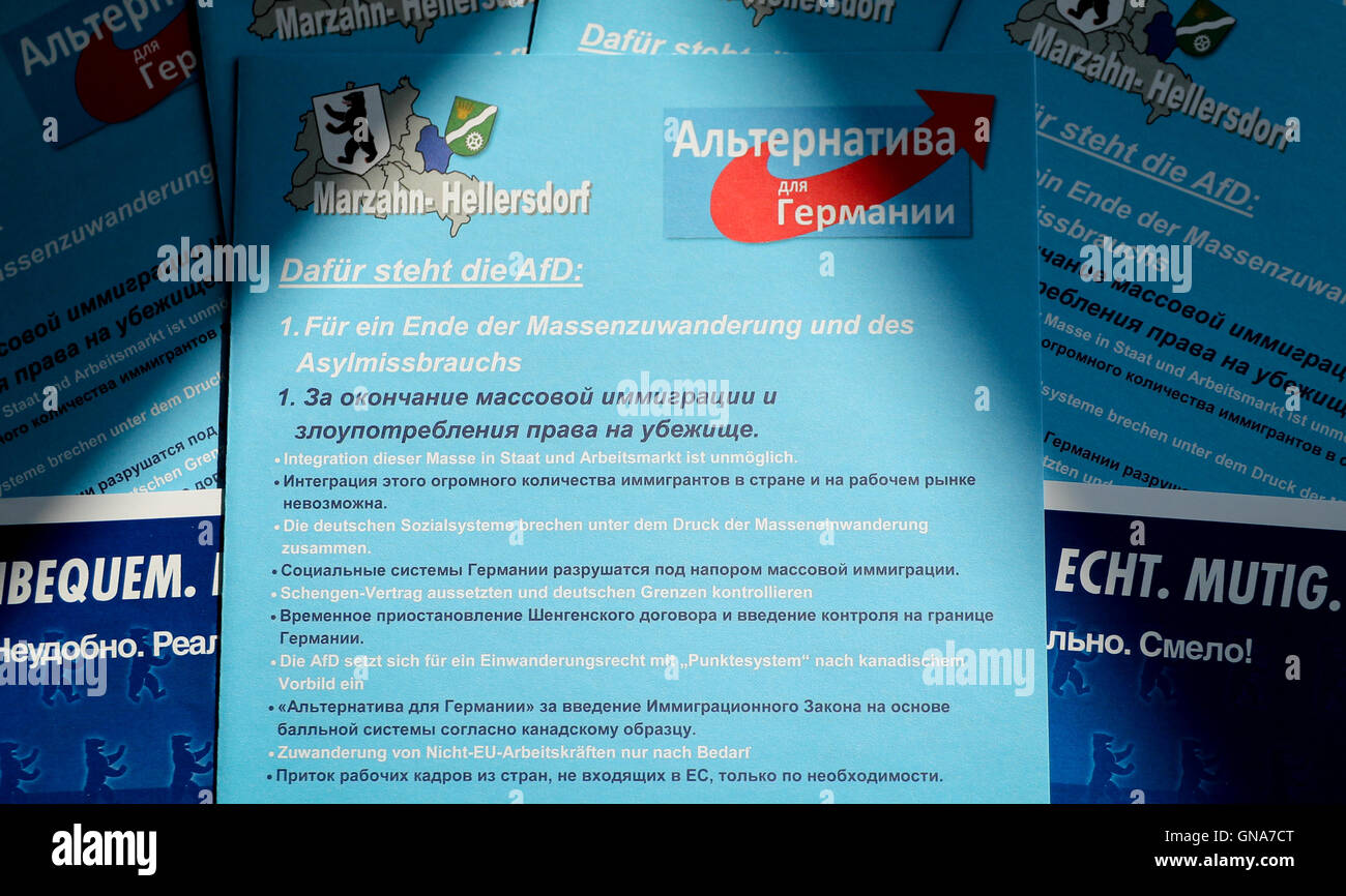 Berlin, Germany. 29th Aug, 2016. An election campaign brochure from far ...