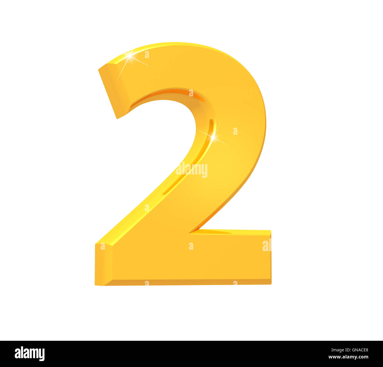 3D rendering of number two made of sparkling gold with reflection ...