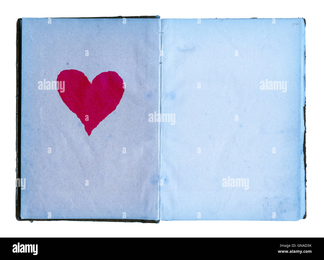 Open Diary With Blue Pages And Big Red Heart Stock Photo - Alamy