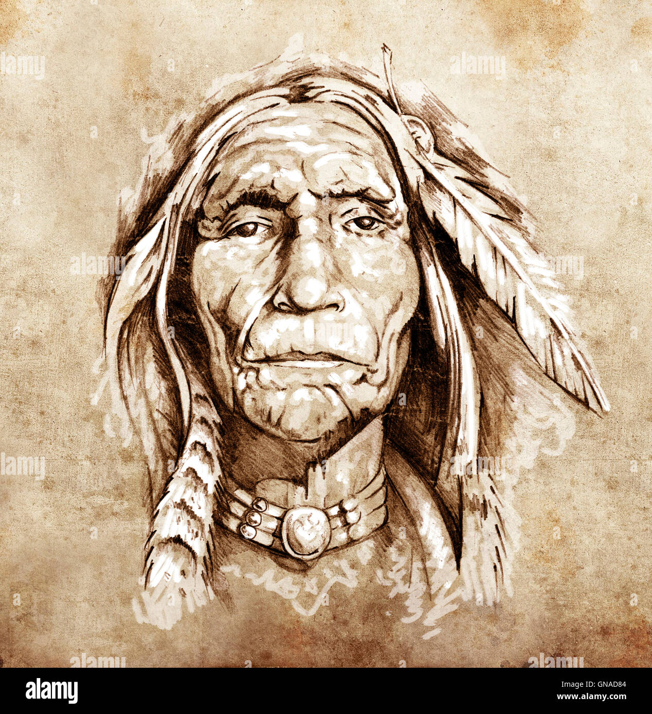 Sketch of tattoo art, portrait of american indian head Stock Photo - Alamy