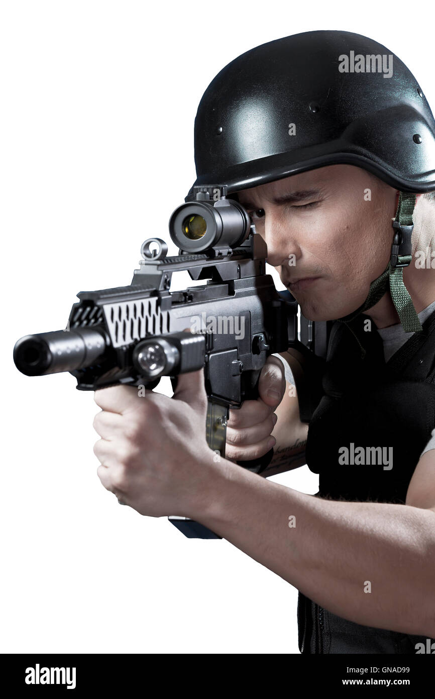 Armed military shooting, isolated Stock Photo - Alamy