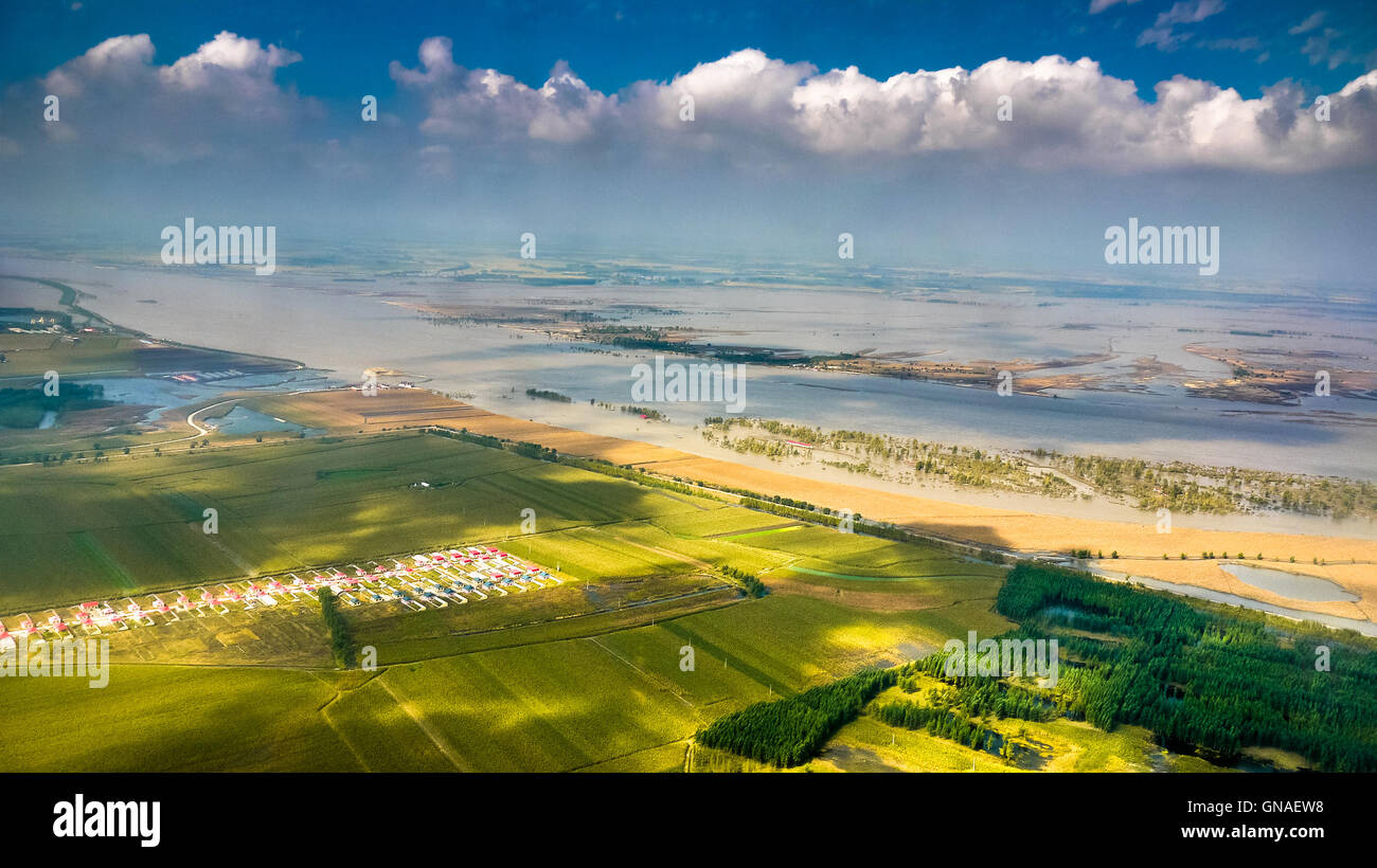 aerial view of Songhua River and floodplain landscape of southern bank ...