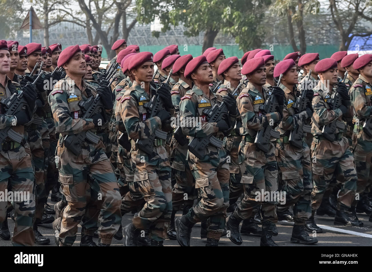 Calcutta, India - January 24, 2016: Indian army practice their parade ...