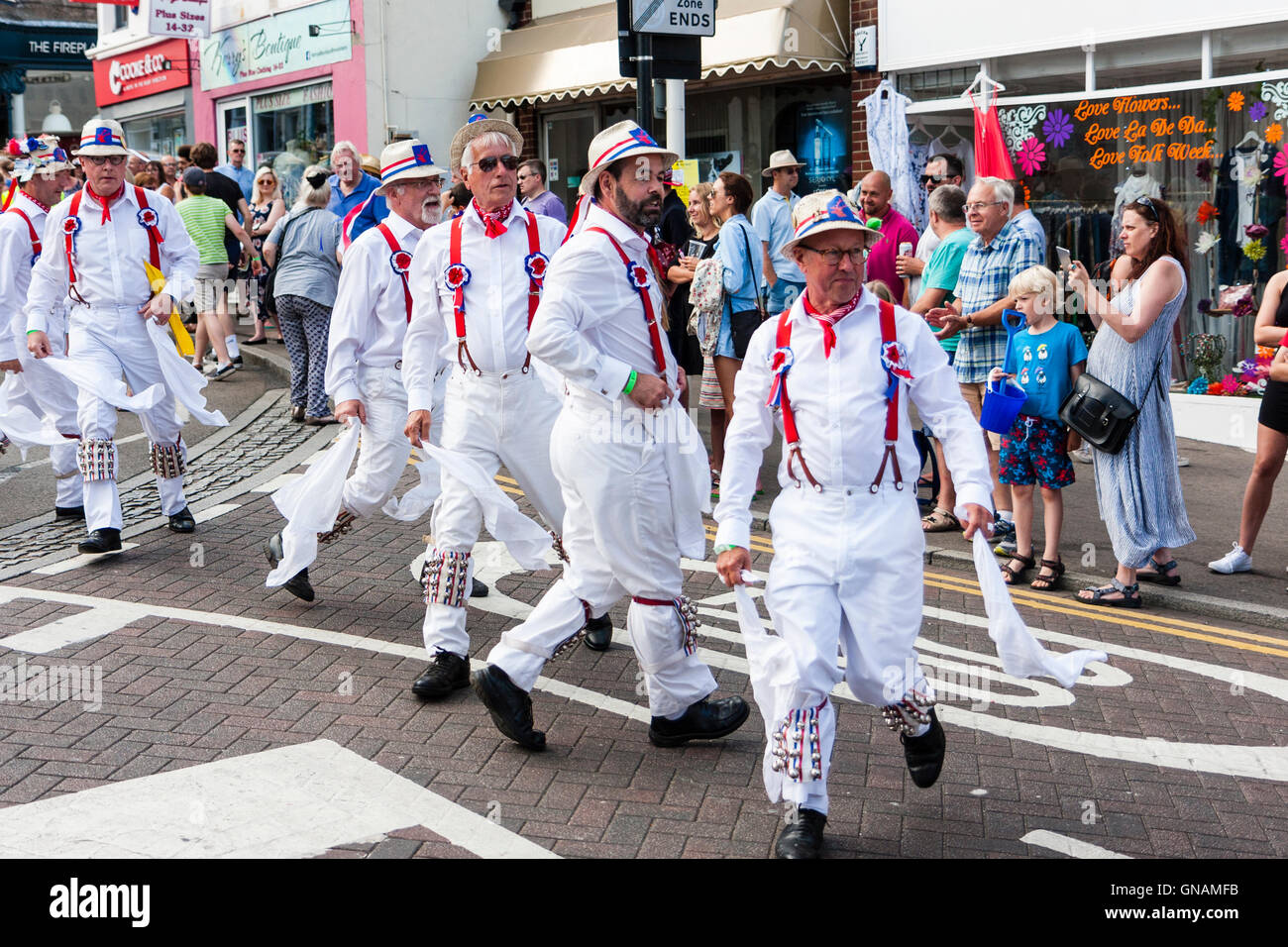 Traditional English Folk dancers, Hartley Morris side, dancing in town ...