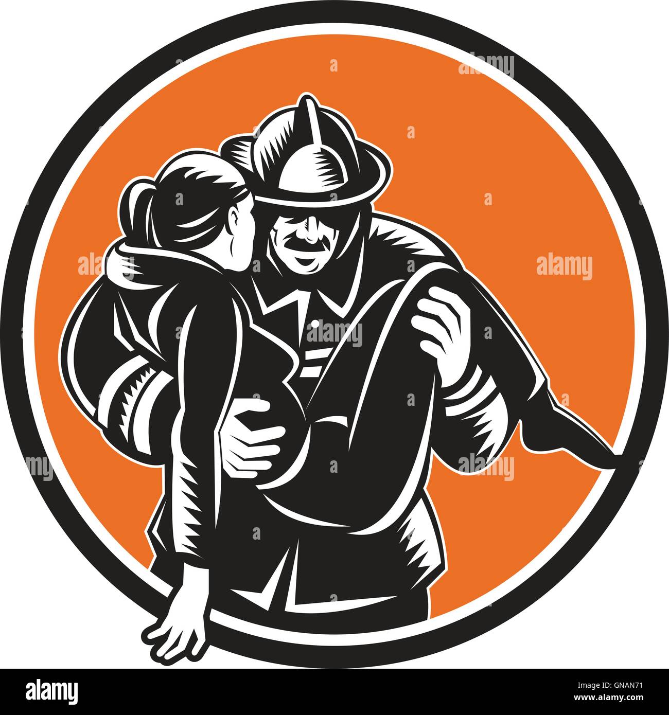 Fireman Firefighter Saving Girl Circle Woodcut Stock Vector Image & Art ...