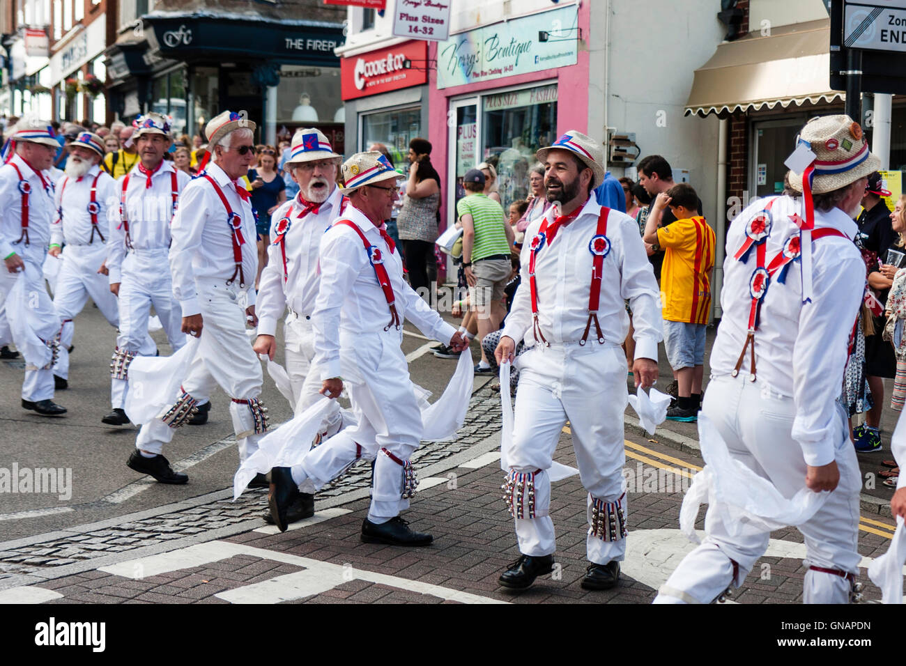 Traditional English Folk dancers, Hartley Morris side, dancing in town ...
