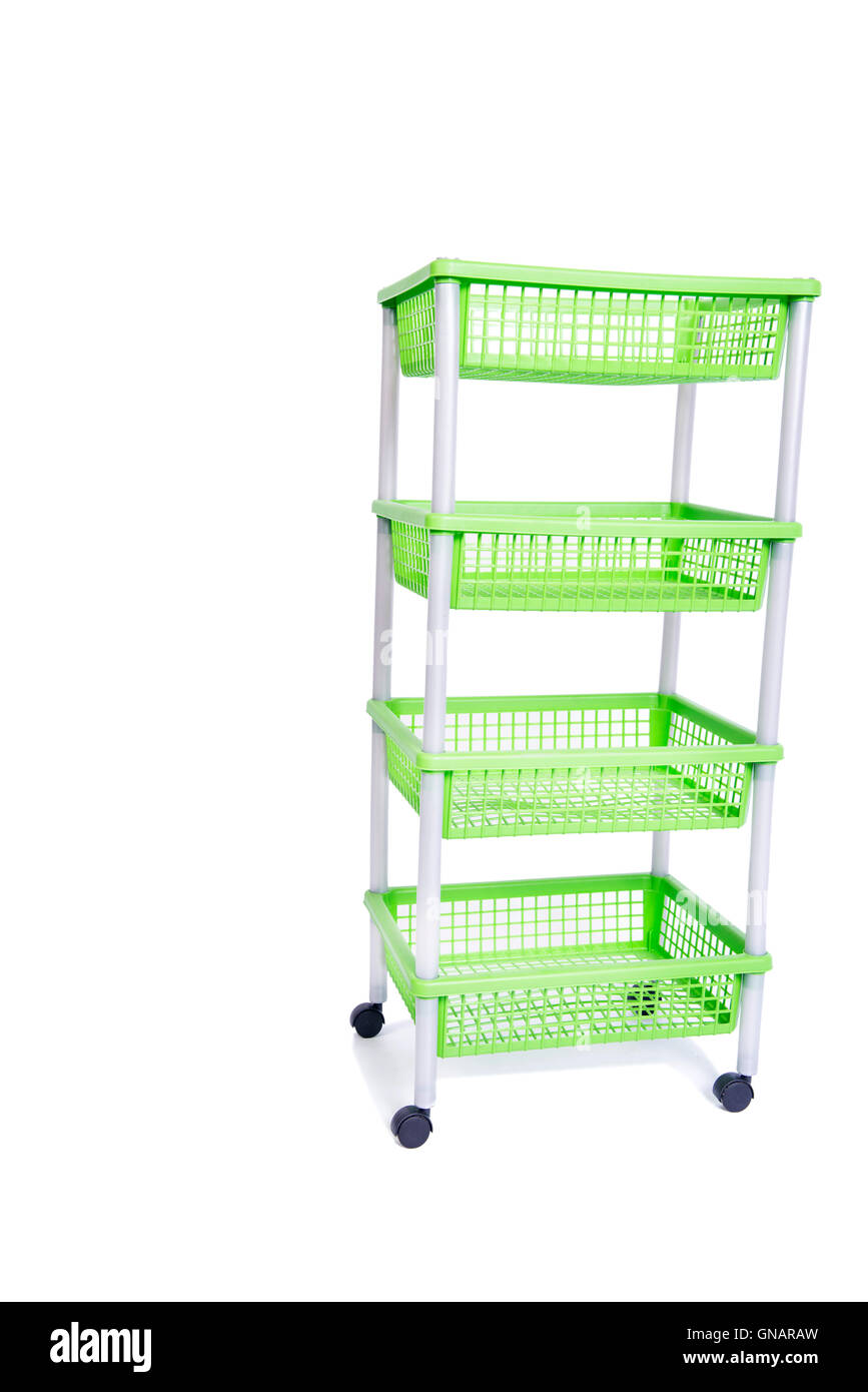 Green bin rack shelf with wheels isolated on white Stock Photo - Alamy