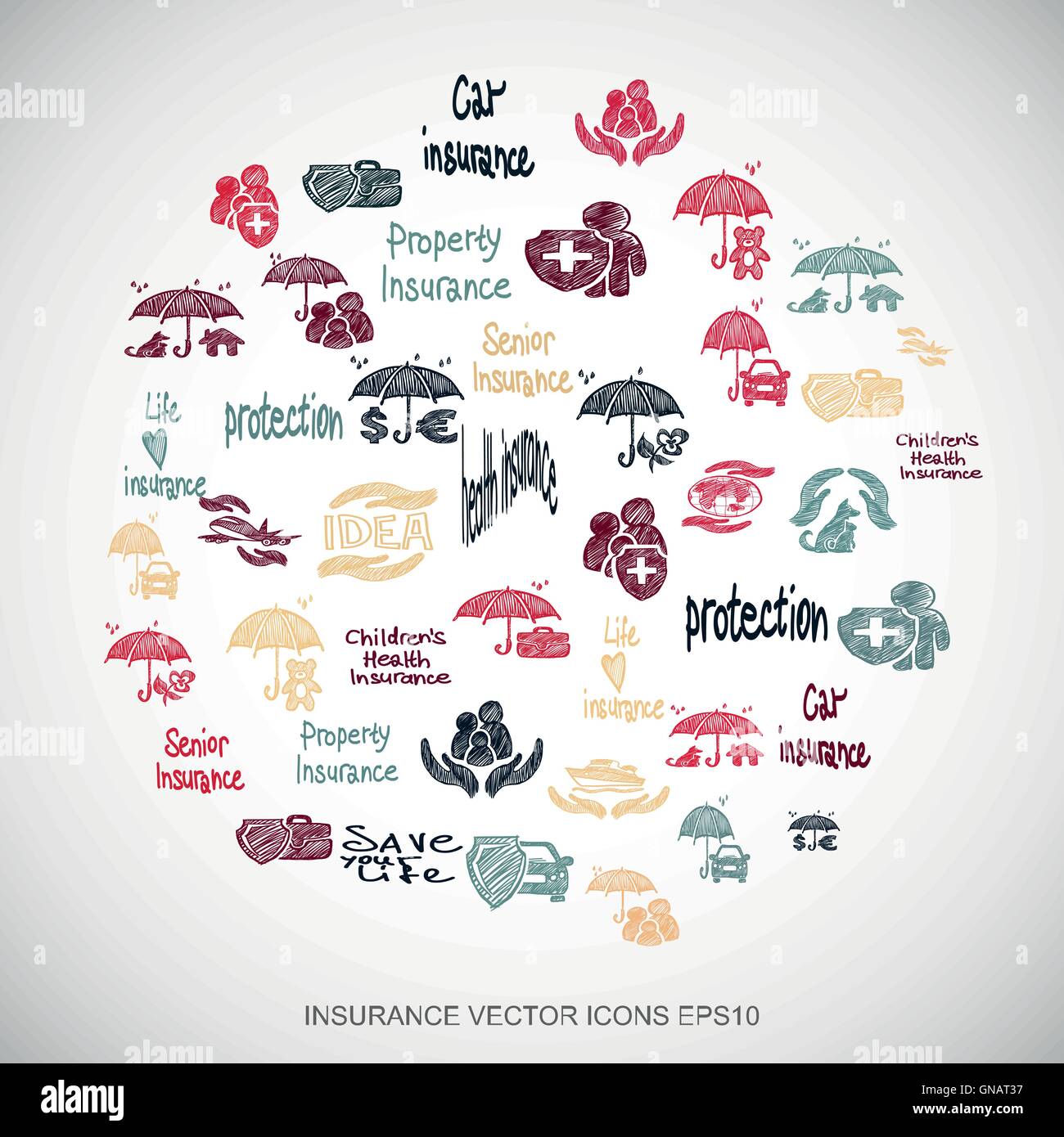 Multicolor doodles Hand Drawn Insurance Icons set on White. EPS10 ...