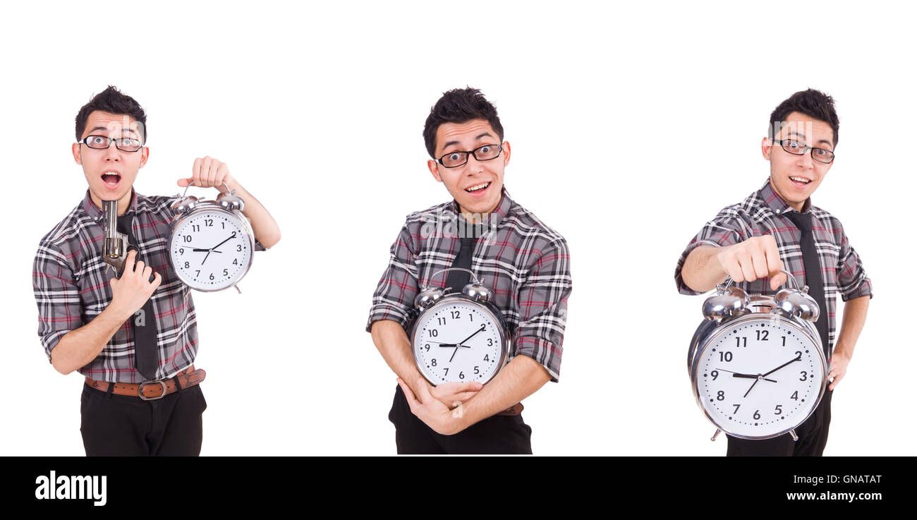 Young man with clock isolated on white Stock Photo - Alamy