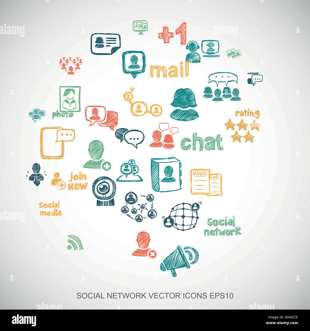 Multicolor doodles Hand Drawn Social Network Icons set on White. EPS10 ...