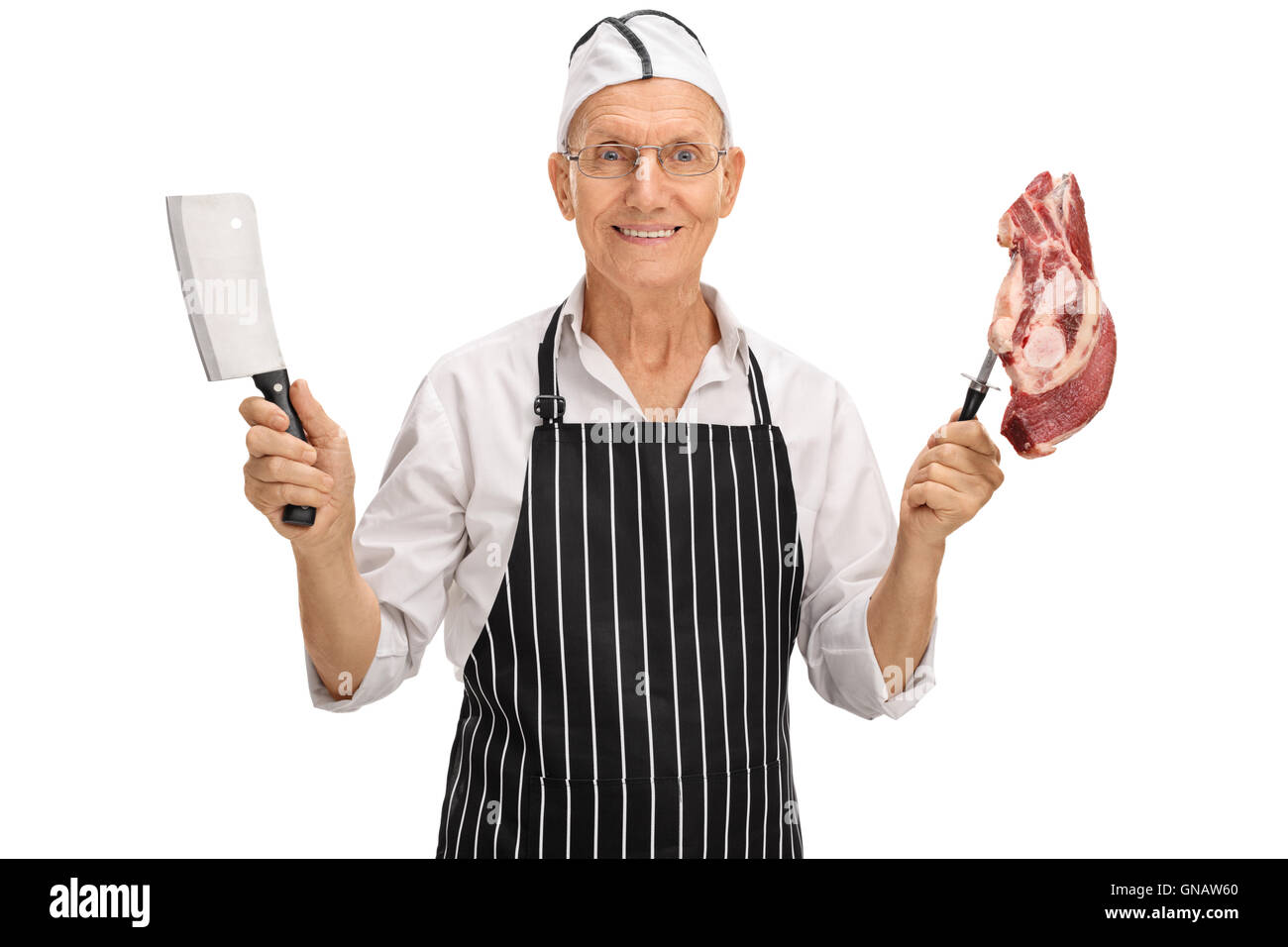 Senior butcher holding a piece of raw meat and a cleaver isolated on ...