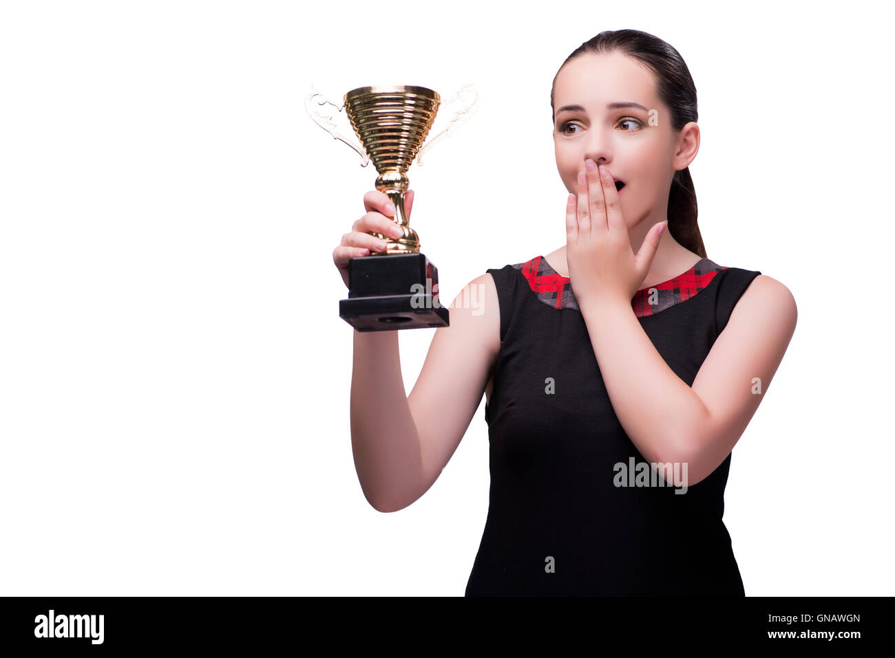 Woman with cup award isolated on white Stock Photo - Alamy