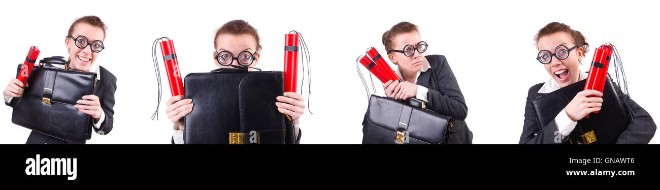 Woman businesswoman with dynamite stick isolated on white Stock Photo ...