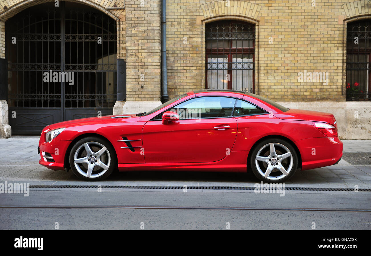 BUDAPEST - MAY 20, 2016: Red Mercedes-Benz sport car in the street of ...