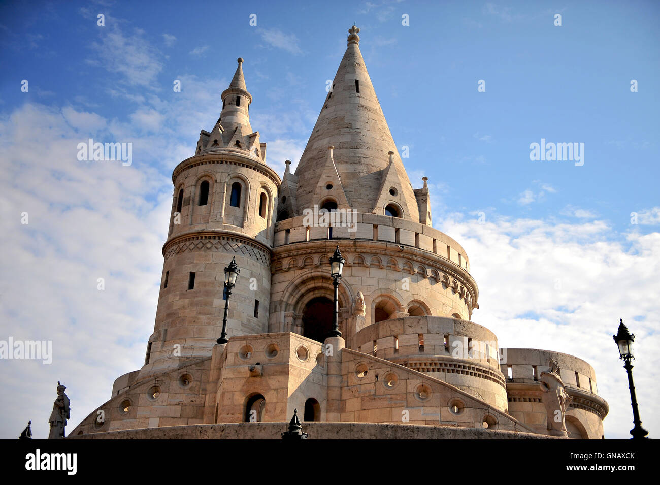 Fisherman's bastion architectural features at sunrise, Budapest city ...