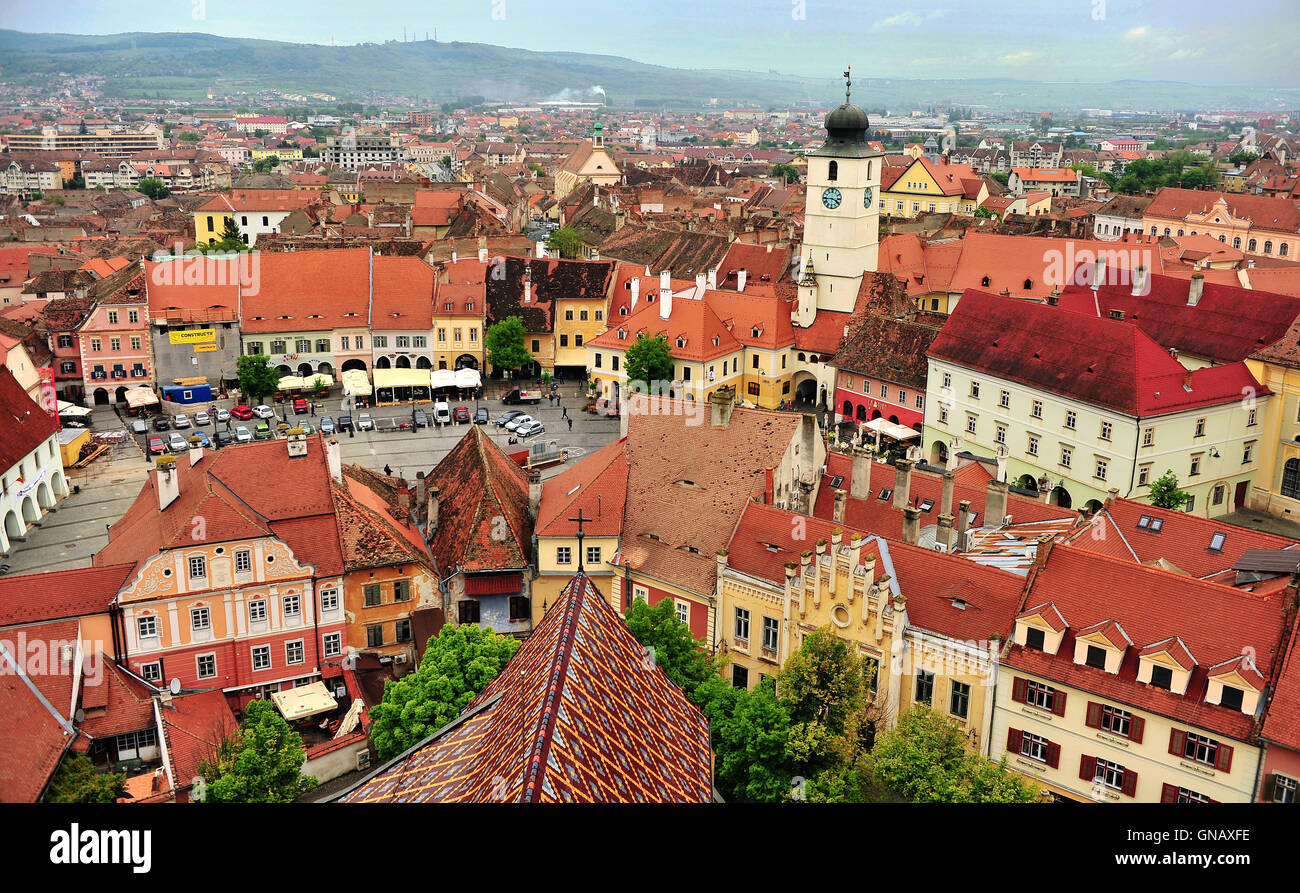 SIBIU, ROMANIA - MAY 4: Top view of the main square of Sibiu old town ...