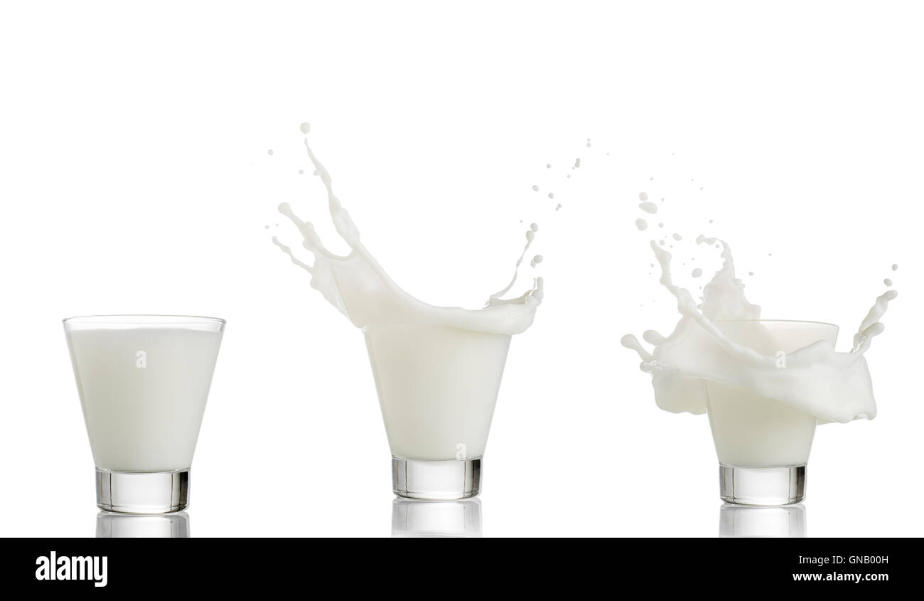 Set of milk splashing from the glass isolated on white background Stock ...