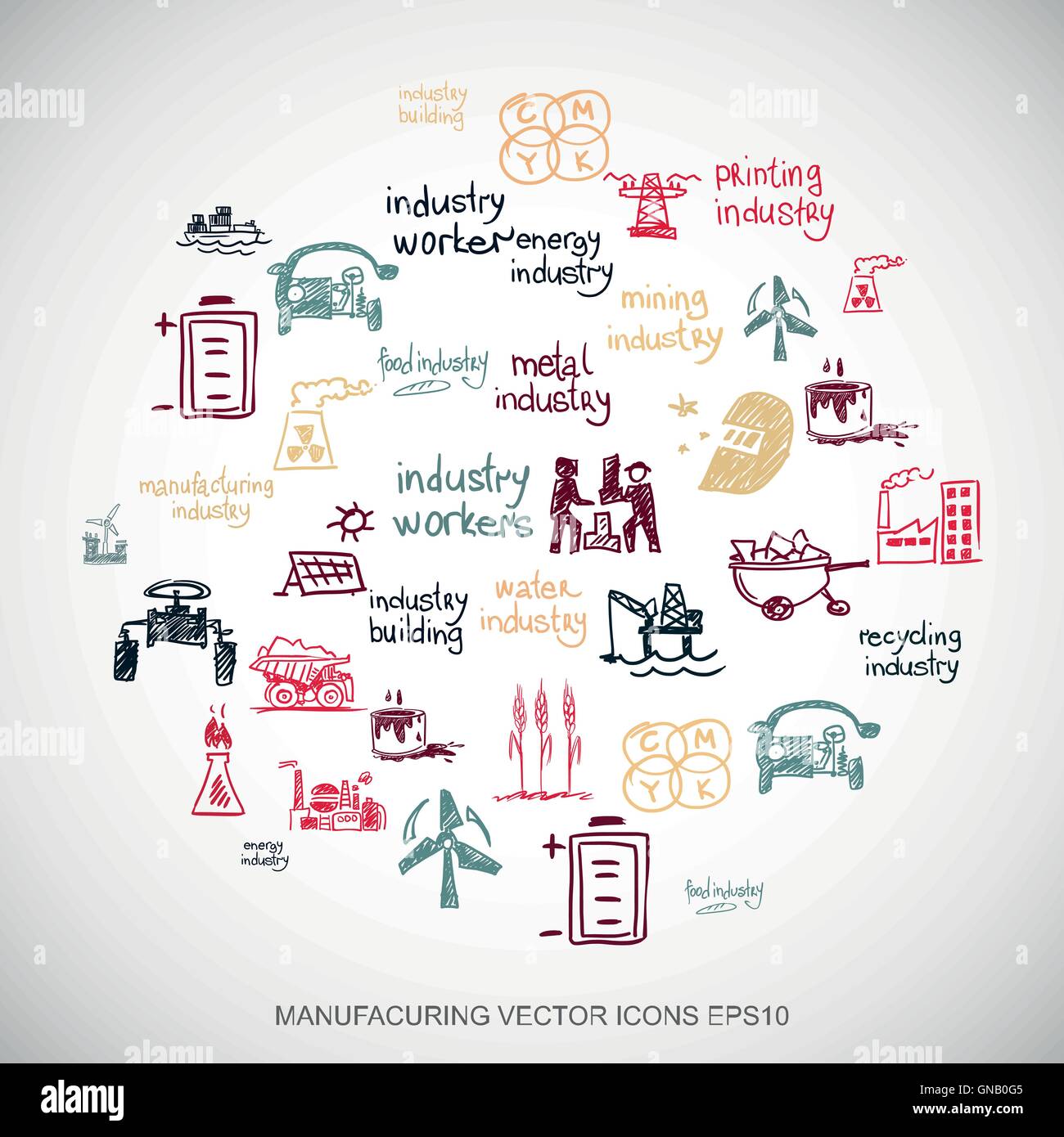 Industry Multicolor doodles Hand Drawn Industry Icons set on White ...