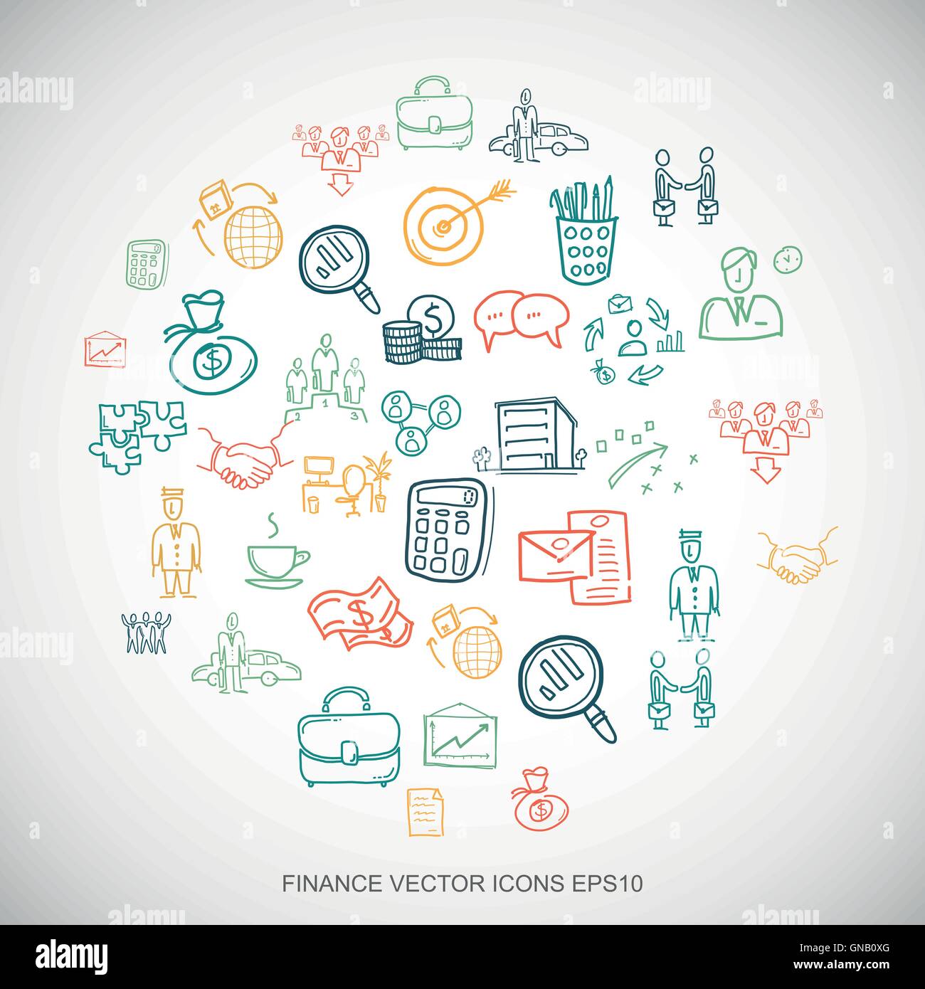 Multicolor doodles Hand Drawn Business Icons set on White. EPS10 vector ...