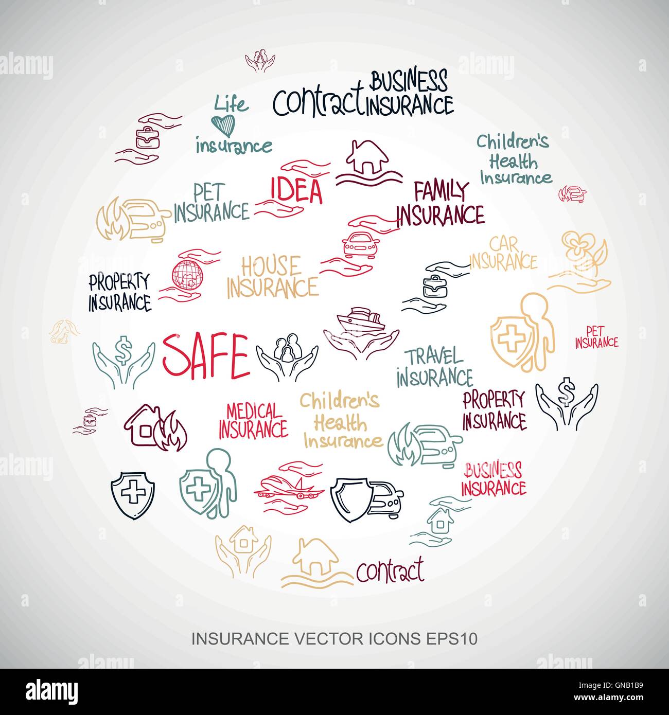 Multicolor doodles Hand Drawn Insurance Icons set on White. EPS10 ...
