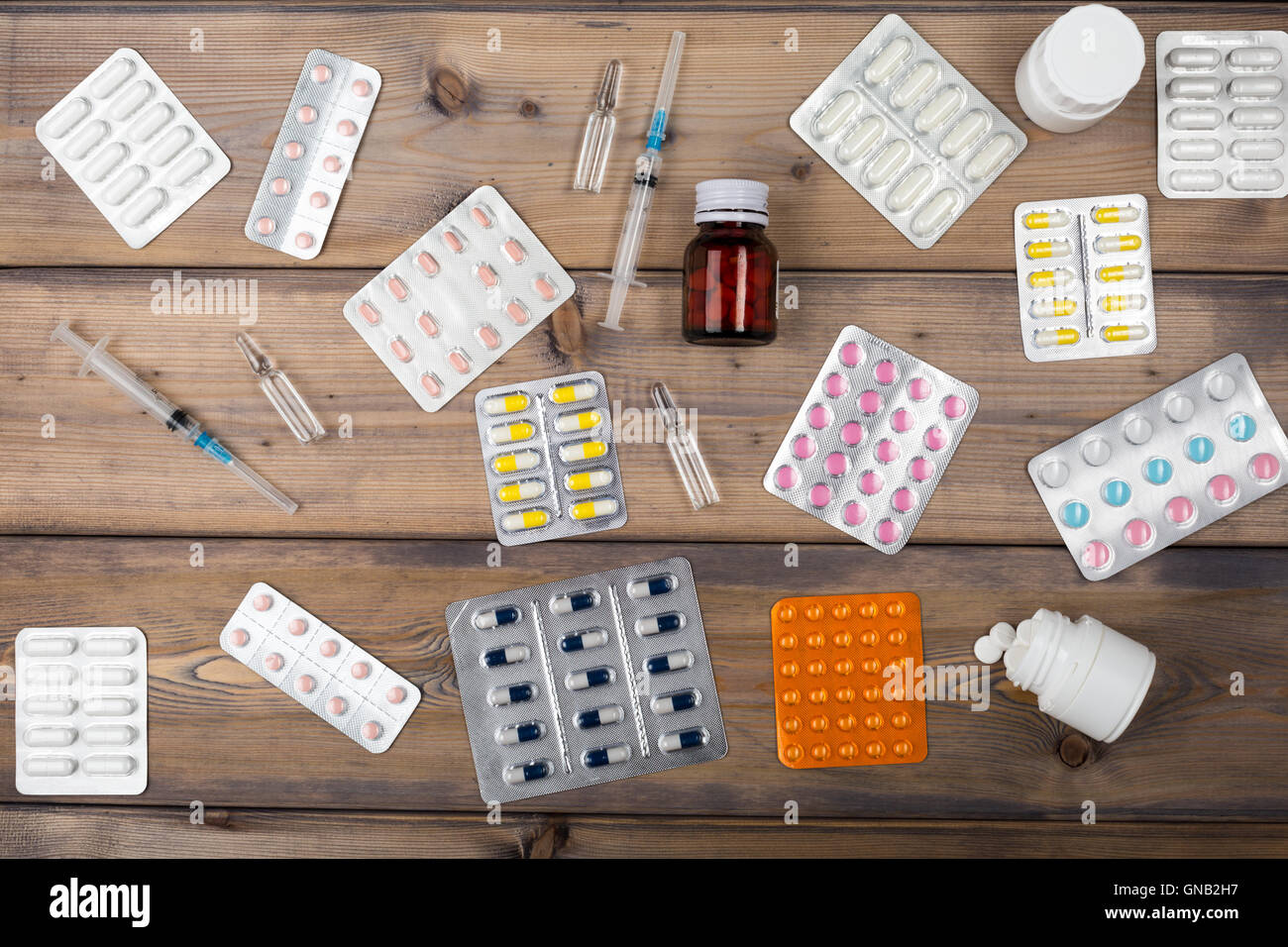 Setup from various pill bottles an blister pack Stock Photo - Alamy