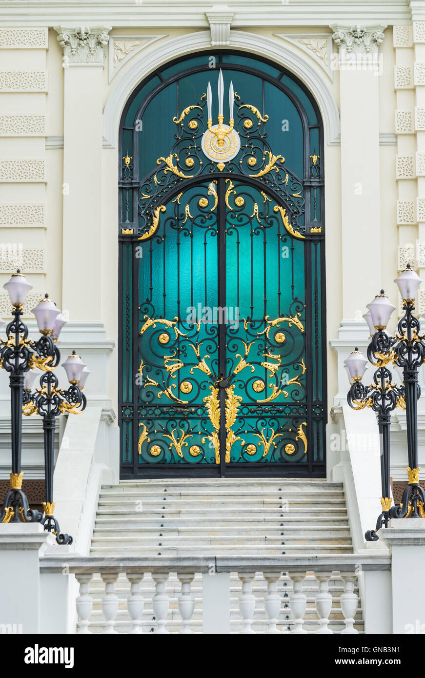 Black and Gold steel classic door in Europe style with white building ...