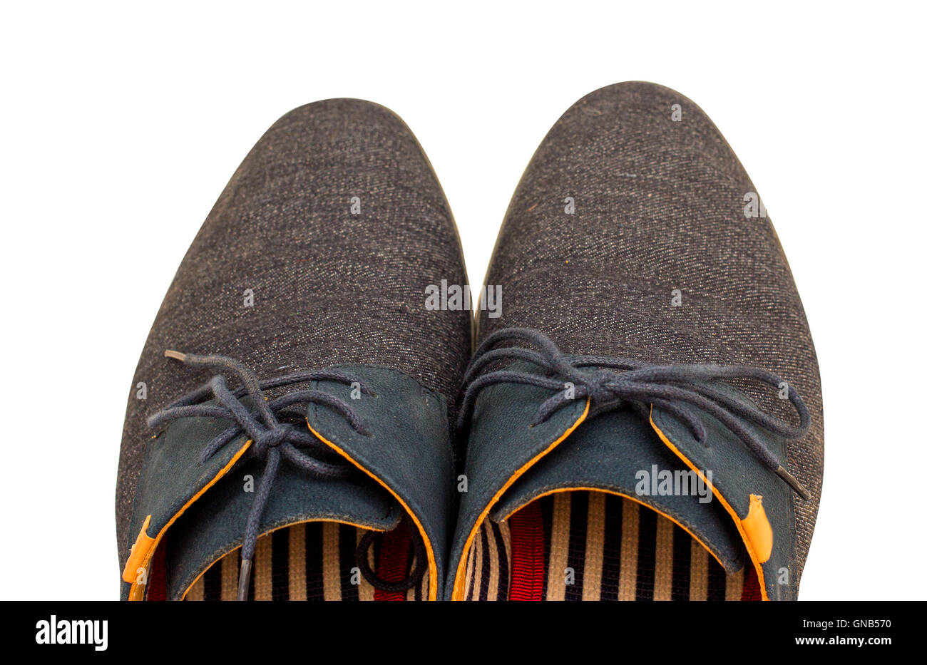 Part of pair blue man shoe with shoelace from above. Isolated on white ...