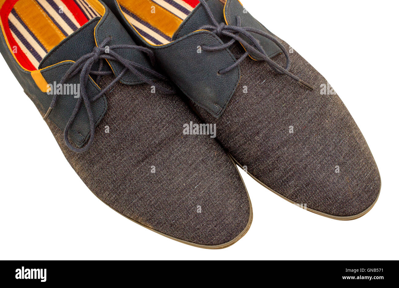 Part of pair blue man shoe with shoelace from above. Isolated on white ...