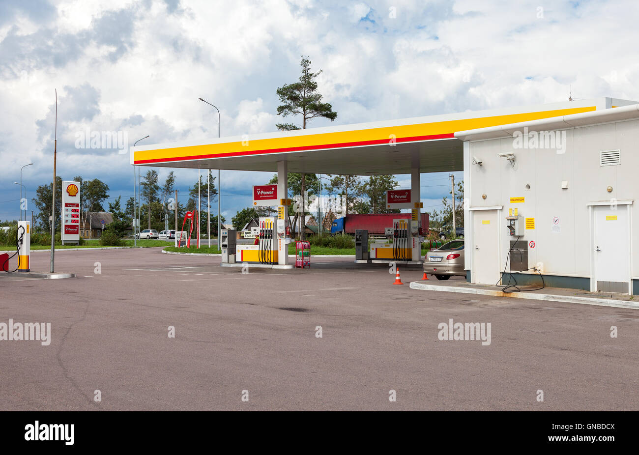 Shell gas station in summer day. Royal Dutch Shell oil company is the ...