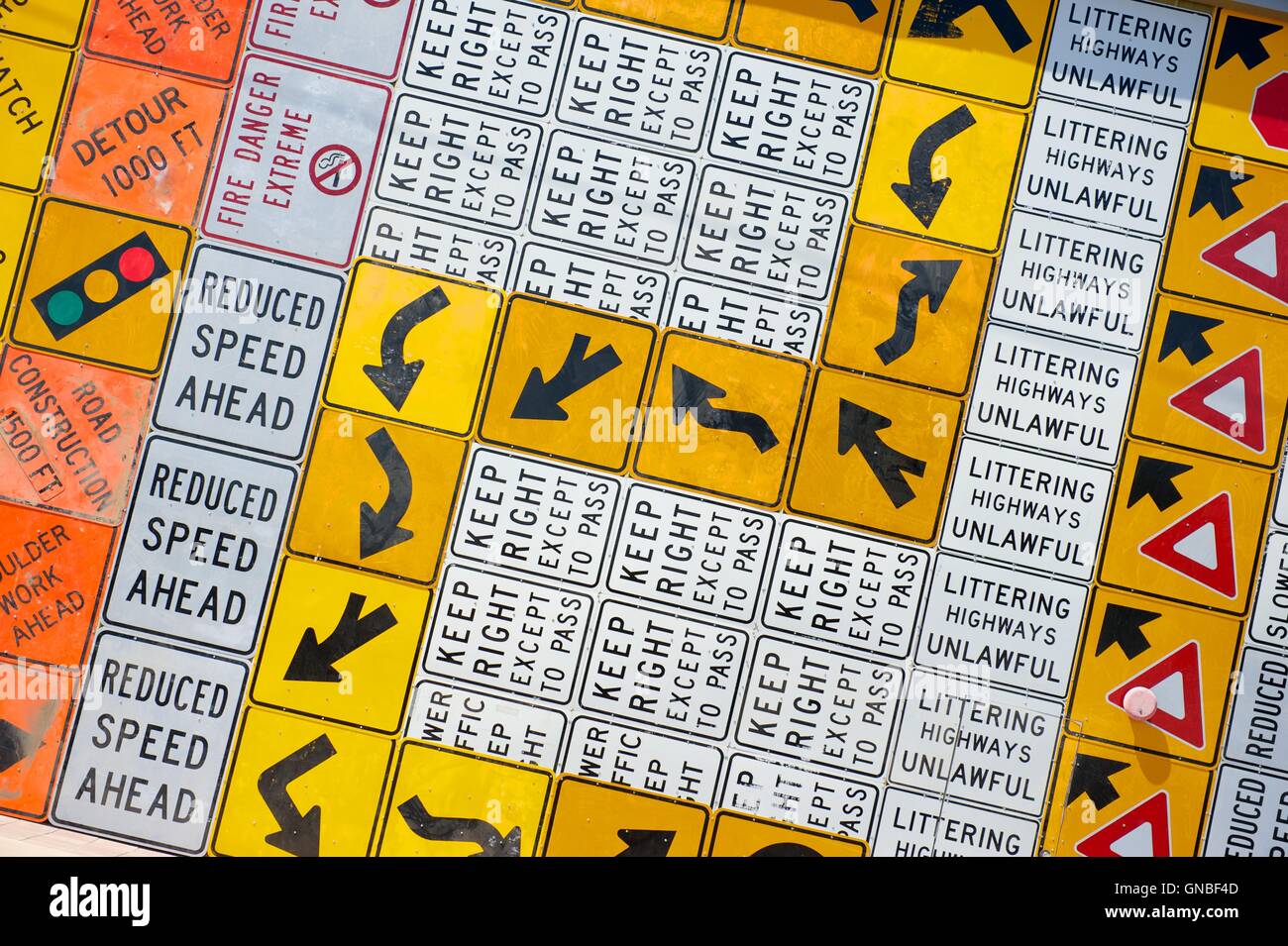 Wall of Road Warning Signs Stock Photo - Alamy