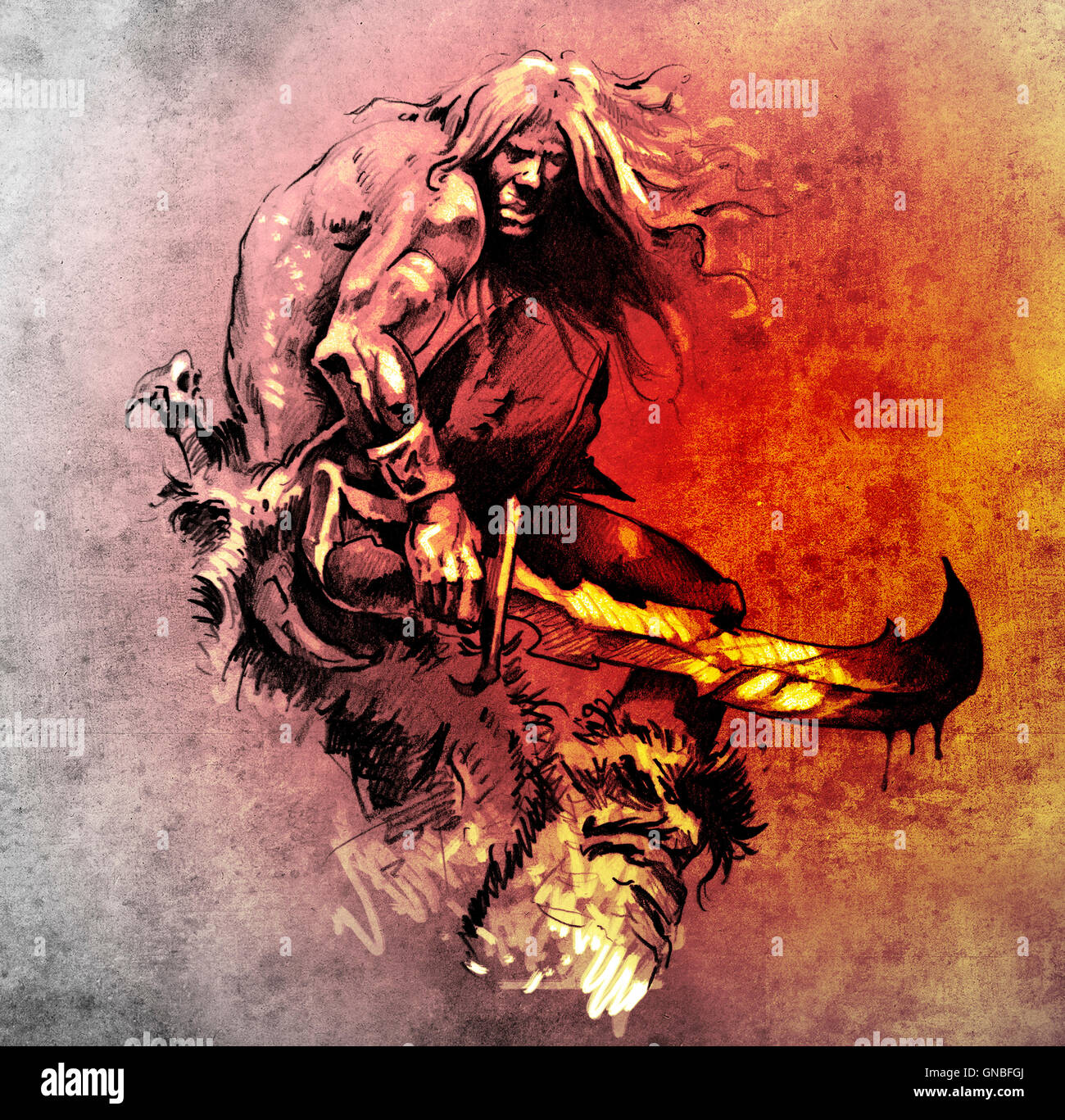 Sketch of tattoo art, warrior fighting with big sword Stock Photo - Alamy