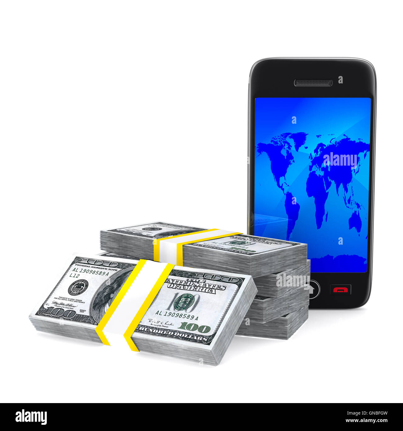 phone and cash on white background. Isolated 3D image Stock Photo - Alamy