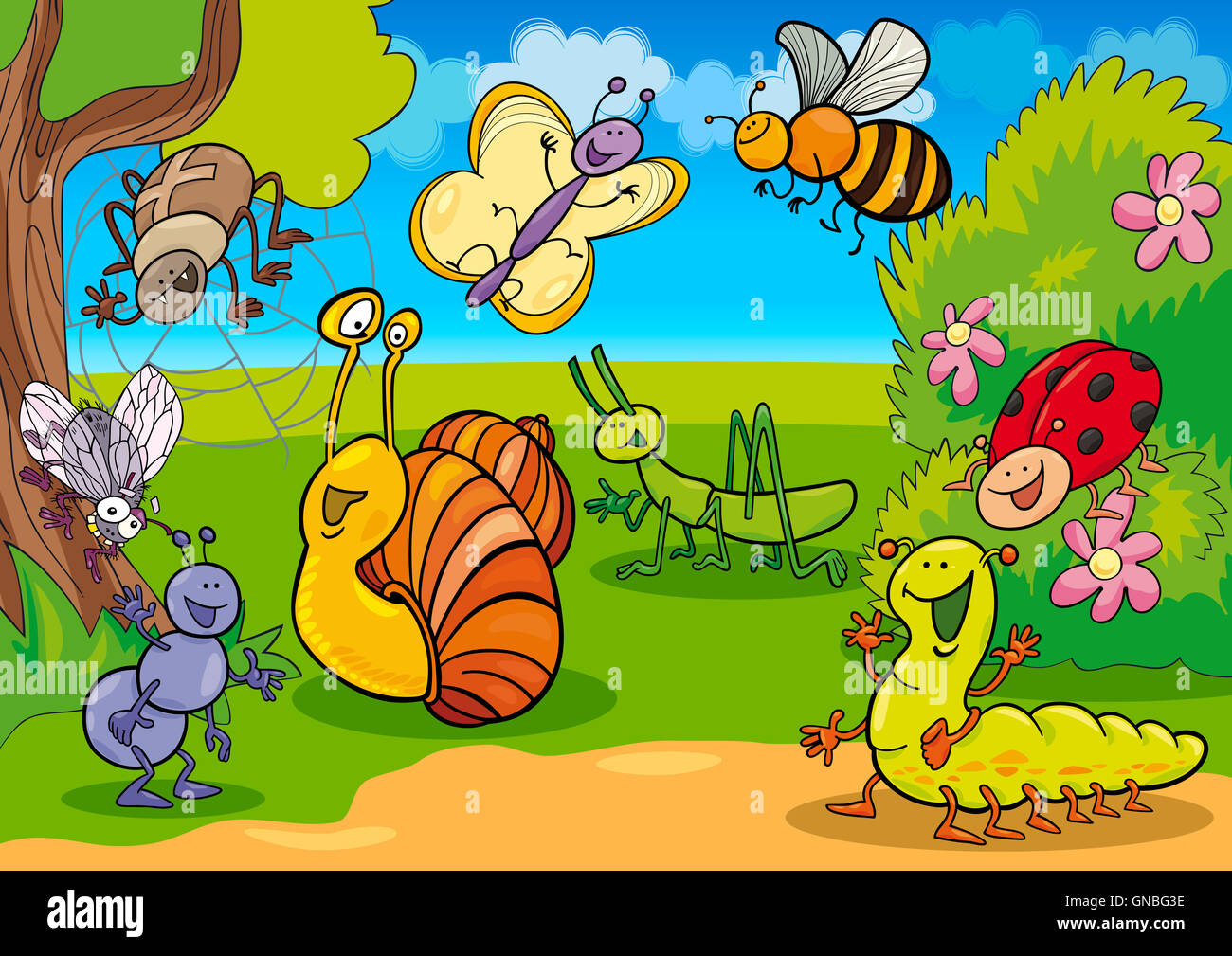 cartoon insects on the meadow Stock Photo - Alamy