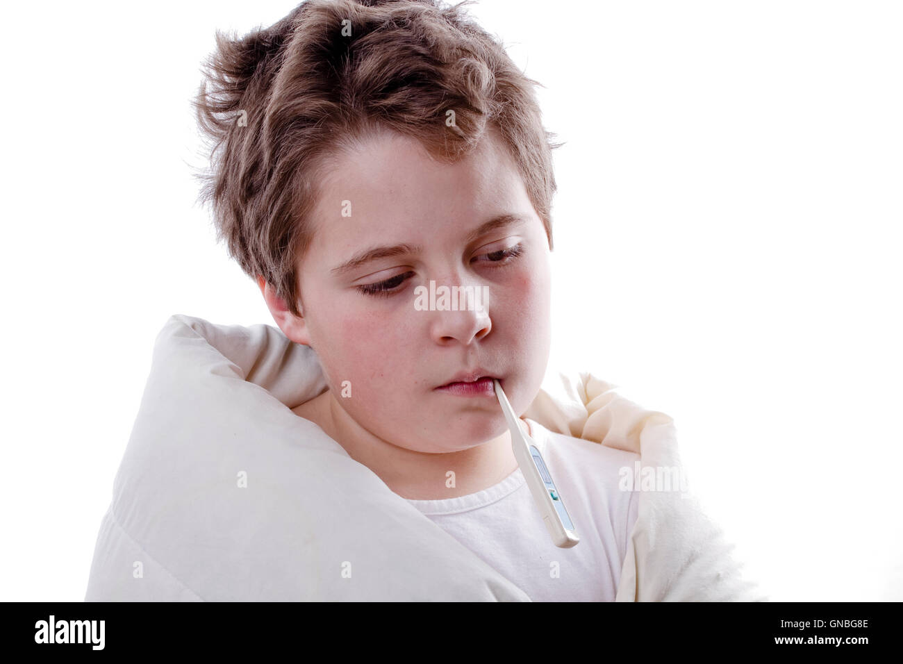 Young boy patient with fever, with digital thermometer and white Stock ...
