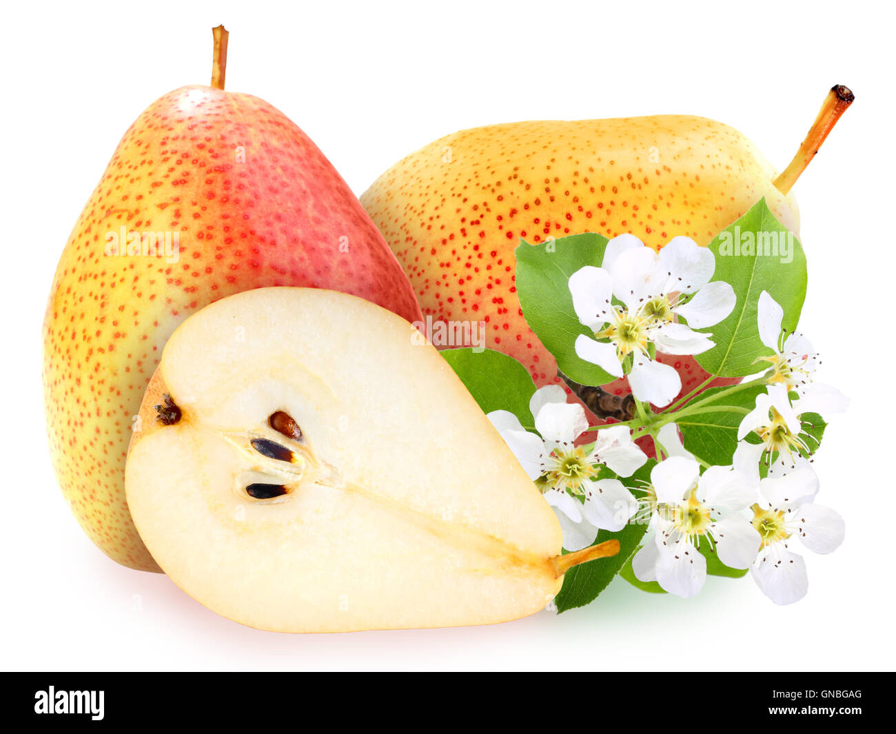 Pears with green leaf and flowers Stock Photo - Alamy